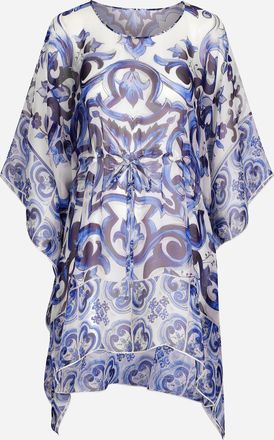Dolce & Gabbana Kurzer Kaftan Aus Chiffon Majolika-print - Frau Kleider Blau Seide 46