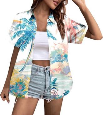 Generic Chemise hawa&iuml;enne d&eacute;contract&eacute;e pour femme - Motif tropical hawa&iuml;en - Palmier - Plage - Chemise d&eacute;t&eacute; tendance &agrave; manches courtes - Graphique - Cara&iuml;bes 