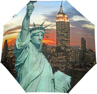 Montoj New York Freiheitsstatue, 3-Fach faltbar, Sonnen- und Regenschirm, UV-Schutz, mit automatischem Öffnungsknopf