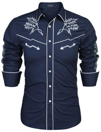 Coofandy Coofandy Herren Western Cowboy Shirt Bestickt Langarm Baumwolle Casual Button Down Shirt, Blau, XL