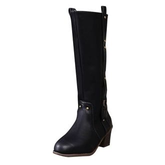 Generic Bottes montantes pour femme - Larges et doubl&eacute;es en polaire - Couleur unie classique - Fermeture &eacute;clair dans le dos - Talon &eacute;pais - Confortable - Pour