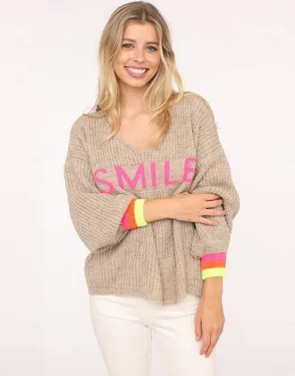 Zwillingsherz Strickpullover Smile Langarm, One Size, V-Ausschnitt, Neon-Details, Schriftzug