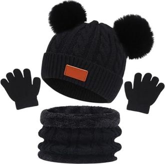 Generic 2026 Gants pour enfants Chapeaux Foulards color&eacute;s chauds en automne et hiver Deux b&eacute;b&eacute;s, Noir, Taille unique