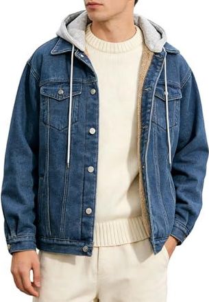 Generic Veste en jean d&eacute;lav&eacute;e pour homme, manteau en jean d&eacute;contract&eacute; &agrave; manches longues, style trucker, capuche, bleu fonc&eacute;, grande taille