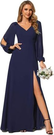 Ever-pretty Robe de Soir&eacute;e Femme Longue Fendue Col en V Mousseline de Soie A Line Taille Empire Manches Longues Dos Nu uni Chic Bleu Marine 58