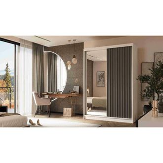 Furnix Kleiderschrank Lillienne 150 Schrank Schiebetüren & Spiegel Weiß Tür Grau