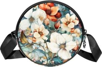 Generic Petit sac &agrave; bandouli&egrave;re circulaire pour femme, motif feuilles florales, sac &agrave; dos avec fermeture &eacute;clair, bretelles r&eacute;glables, sac &agrave; main rond d&eacute;contra