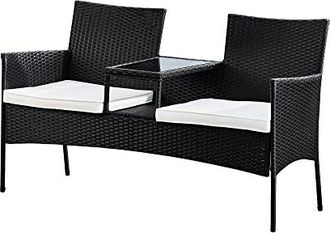 Teamson Home Gartenm&ouml;bel, Rattan Korbweide Liebesplatz Bank mit 2 Gepolsterten Sitzen und Integriertem Mittleren Glastisch und Regal, Schwarz