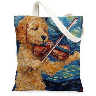 Generic Golden Doodle Sac fourre-tout en toile pour faire du shopping 33 x 38,1 cm, motif violon nocturne &eacute;toil&eacute;, sac d&eacute;picerie r&eacute;utilisable pour femme, anima