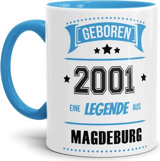 Tassendruck Geburtstags-Tasse Geboren 2001 Eine Legende aus Magdeburg Innen & Henkel Hellblau/Geschenk/mit Spruch/Mug/Cup/Becher/Qualität Made in Germany