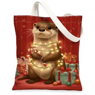 Generic Sacs fourre-tout en toile motif loutre de No&euml;l, sacs de courses l&eacute;gers et lavables pour les vacances, les voyages, les pique-niques, cadeaux, Rouge, 1