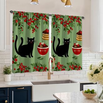 Generic K&uuml;chenvorh&auml;nge mit Katzen-Motiv, Herbst-fantasievolle rote Beeren, Pfannkuchen, Halloween, gr&uuml;n gemusterte Vorh&auml;nge f&uuml;r Waschk&uuml;che, Waschbecken, Flur,