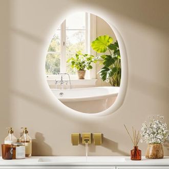 HOMCOM Miroir Salle de Bain avec &eacute;clairage LED 70 x 50 cm, Miroir Lumineux Mural asym&eacute;trique, Anti-bu&eacute;e, 3 Couleurs lumi&egrave;re, dimmable, m&eacute;moire, Interrupteur 