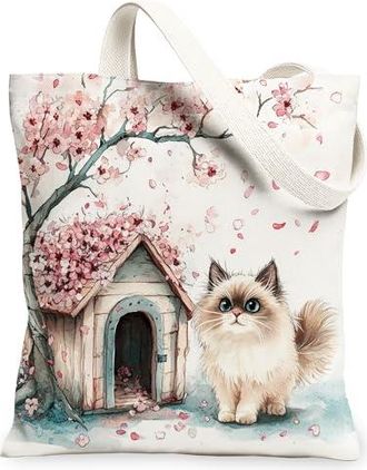 Generic Sac fourre-tout en toile motif chat ragdolls printanier 33 x 38,1 cm, sac &agrave; bandouli&egrave;re r&eacute;utilisable pour femme, chaton animal domestique, peinture ca