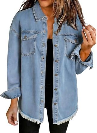 Generic Veste d&eacute;contract&eacute;e en jean &agrave; manches longues pour femme avec ourlet effiloch&eacute;, bleu, XXL