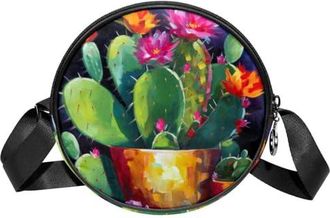 Generic Petit sac &agrave; bandouli&egrave;re rond pour femme, motif fleurs de cactus avec fermeture &eacute;clair, bretelles r&eacute;glables, sac &agrave; main rond d&eacute;contract&eacute; pour femmes et