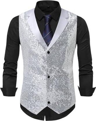 Generic DENGJIAMY Gilet Veste pour homme d&eacute;t&eacute; tendance &agrave; paillettes Chemise sans manches Disco Rave Tenues Discoth&egrave;que D&eacute;bardeurs pour hommes Coupe ajust&eacute;e sa