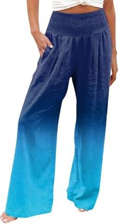 Generic Pantalon en coton et lin pour femme - Jambe large - Pantalon de plage d&eacute;t&eacute; pour femme - Confortable - Pantalon de yoga Palazzo XIYU26081, noir fonc&eacute;, 