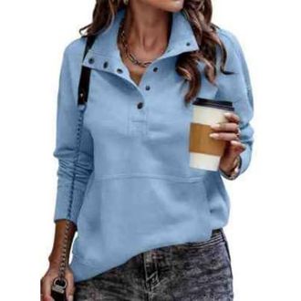 Generic Sweat-shirt décontracté à manches longues pour femme, couleur unie, poche design bouton, pull ample tendance, bleu ciel, XXL