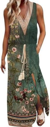 Ocean Plus Femmes Style Vintage Robe sans Manches avec Col en V Imprimé Robe Maxi Élégante Couleur Unie Robe Longue Décontractée Ceinture Élastique avec Lacets (