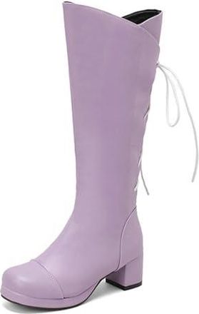 Generic Bottes hautes &agrave; lacets &eacute;lastiques pour femme avec fermeture &eacute;clair lat&eacute;rale, plateforme confortable, bout rond, talons blocs, chaussures dhiver, viole