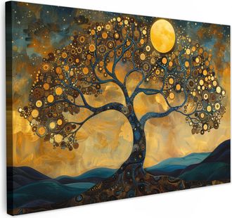 MuchoWow © Leinwand Bilder Klein 30x20 cm Mini Wanddeko Wohnzimmer Aesthetic Room Decor Deko Zimmer Wandbilder Modern Bild auf Leinwand Baum - Mond - Blumen - 