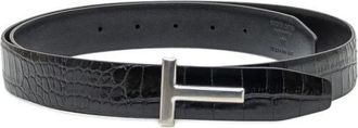 Tom Ford G&uuml;rtel - Glossy Crocodile-Print Calf Leather Belt With T-Bu - Gr. 100 - in Schwarz - f&uuml;r Damen