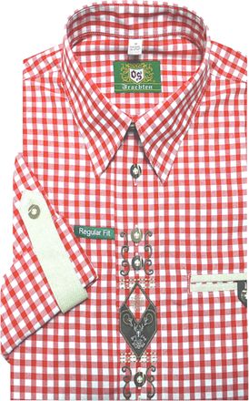Huber Trachtenhemd rot-weiß mit Stickerei und Krempelärmel 6XL