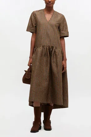 Ganni Langes Kleid in Knitteroptik mit Karomuster - Gr&ouml;&szlig;e 34 braun