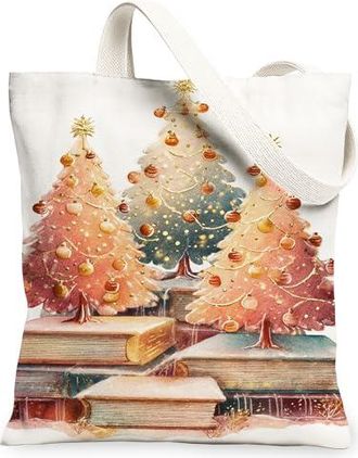Generic Sacs fourre-tout en toile motif sapin de No&euml;l, sacs d&eacute;picerie r&eacute;utilisables, bandouli&egrave;re lavable pour lhiver vintage pour voyage, blanc, 13x15 Inch