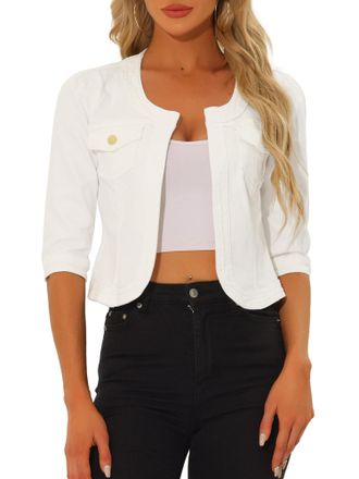 Allegra K Damen Jeansjacke 3/4 &Auml;rmel Open Front Kragenlos Jacke mit Taschen Wei&szlig; XL