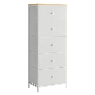 Songmics Commode, Meuble de Rangement pour Chambre, Colonne de Rangement en Tissu avec 5 Tiroirs, Cadre en Métal, Blanc et Couleur Boisée LTS315W01
