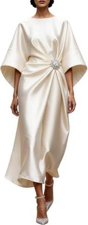 Generic Robe longue en satin &agrave; col rond et manches chauve-souris pour femme - Col rond - Taille torsad&eacute;e - &Eacute;l&eacute;gante robe de soir&eacute;e formelle, abricot, XXL