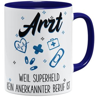OM3 Superheld Arzt Tasse mit Spruch - Beruf Geschenk - Keramik Becher - 11oz 325ml - Beidseitig Bedruckt - Dunkelblau