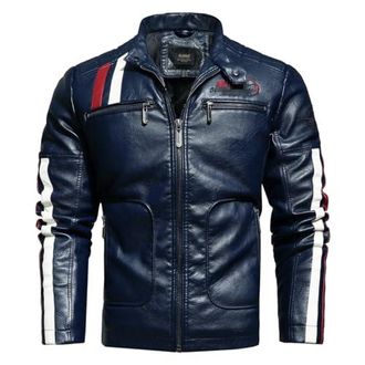 Generic Veste de moto en cuir patchwork vintage pour homme avec broderie en polyur&eacute;thane et fermeture &eacute;clair, Bleu fonc&eacute;., XL