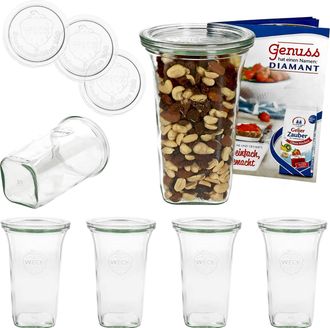 MamboCat 6er Set Weckgl&auml;ser 795 ml Quentin-Glas eckig I Original Weck Glas mit Deckel I Weck Dessertglas Sturzglas I Einweckgl&auml;ser Set inkl. Diamant-Zucker Gel
