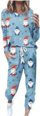 Onsoyours Femme Survêtement Impression de Noël Ensemble de Sport 2 Pièce Casual Chemise à Manches Longues à col Rond + Pantalon à Cordon de Serrage Costume de N