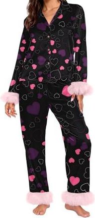 Generic Ensemble de pyjama 2 pi&egrave;ces en satin de soie pour femme avec bordure en plumes, chemise boutonn&eacute;e, pantalon de d&eacute;tente, ensemble de pyjama 2 pi&egrave;ces av