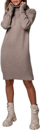 Minetom Robe Pull Femme Couleur Unie Chaud Manches Longues Pullover Col Roul&eacute; Robe Tricot&eacute; Longue Automne Hiver Chandail Midi Robe A Kaki L