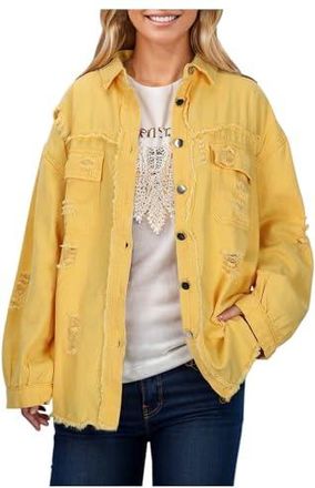 Generic 2026 Vestes classiques en jean vieilli pour femme, mi-longue, manches longues, coupe ajust&eacute;e, v&ecirc;tements dext&eacute;rieur d&eacute;contract&eacute;s et polyvalents, jaune,