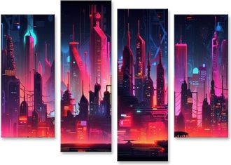 Islandburner Prime Bild auf Leinwand Neonbeleuchtete Cyberpunk-Stadt Skyline in dunkler Nacht, ästhetisch schön Bilder Wandbilder Poster