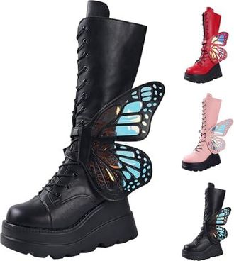Generic Bottes compens&eacute;es &agrave; plateforme pour femme - Style punk gothique - Bottes mi-mollet - Talon bas - &Agrave; lacets - Avec fermeture &eacute;clair lat&eacute;rale - Ailes de 