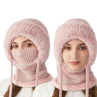 Generic Willedup Bonnet 3 en 1 pour femme, bonnet tricot&eacute; 3 en 1 anti-froid, cagoule dhiver, masque facial, &eacute;charpe &agrave; capuche, rose, Taille unique