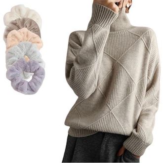 Generic Pull tricoté à col roulé à motif losanges pour femme, pull à manches longues pour automne, coupe ajustée, pull surdimensionné, gris, XXL