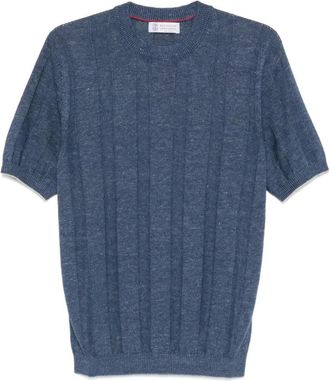 Brunello Cucinelli Homme, Pulls, Bleu, Taille: XL Pull &agrave; Manches Courtes en Tricot C&ocirc;tel&eacute;
