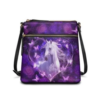 Coloranimal Sac &agrave; bandouli&egrave;re pour femme - Sac &agrave; bandouli&egrave;re &agrave; fermeture &eacute;clair - Sac &agrave; bandouli&egrave;re l&eacute;ger en cuir synth&eacute;tique, Cheval papillon violet