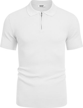Coofandy Poloshirts für Herren Sommer Strick Poloshirts Herren Kurzarm Reißverschluss Golf Shirt Polohemd Männer Polo T-Shirt Weiß XL