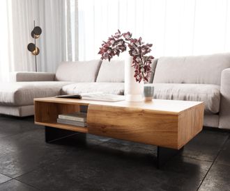 DELIFE Couchtisch New Live-Edge 115x60 cm Akazie Natur 2 Schubladen 1 Fach Fu&szlig; schwebend Metall Schwarz, Couchtische, Baumkantenm&ouml;bel, Massivholzm&ouml;bel, Massi