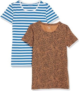 Amazon Essentials Damen T-Shirt mit kurzen Ärmeln und Rundhalsausschnitt in normaler Passform, 2er-Pack, Blau Streifen/Kamelbraun Tier, XXL
