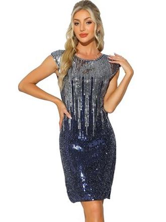 Allegra K Robe Mi-Longue &agrave; Paillettes Femme Robe M&eacute;tallique &agrave; Manches Courtes de Soir&eacute;e pour Bo&icirc;te de Nuit Robes Scintillantes &agrave; Sequins Costume de No&euml;l Bleu Ar